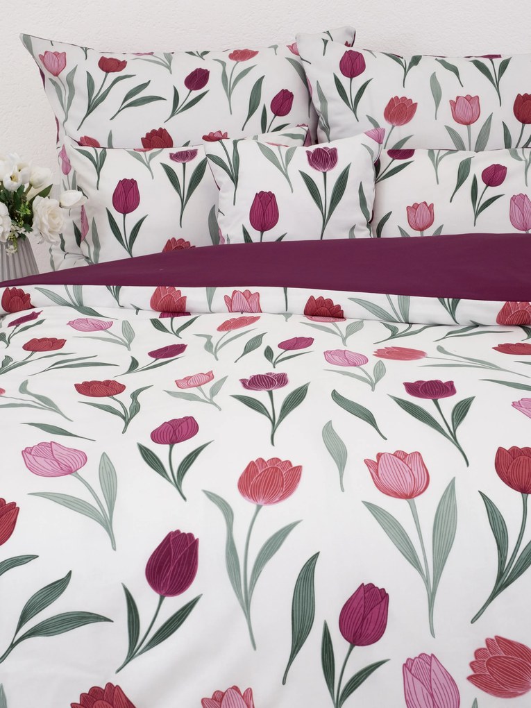 MK Lůžkoviny Prodloužené bavlněné povlečení Renforcé - Květy tulipánů fialové 140 × 220 cm, 70 x 90 cm
