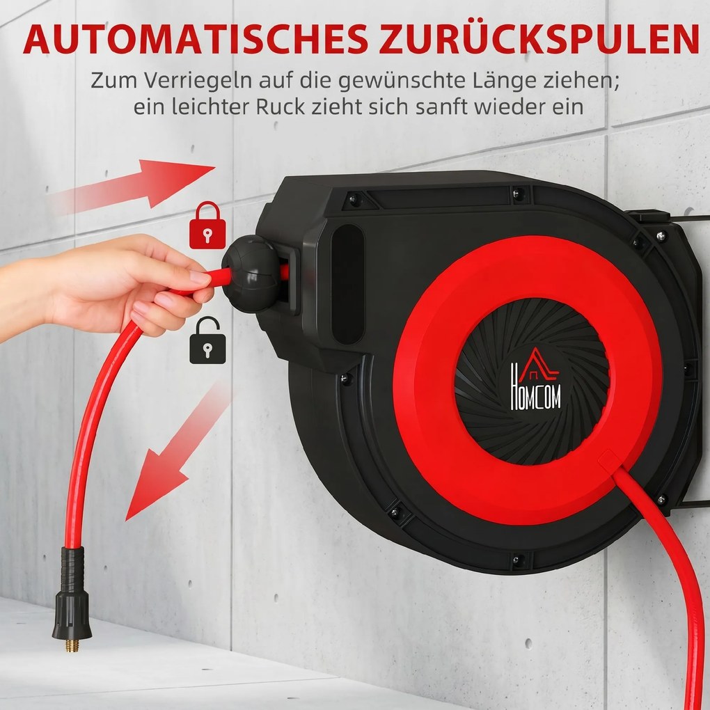 Hadicový naviják s výsuvným mechanismem, 16,5 m hadice, nástěnný, červený+černý