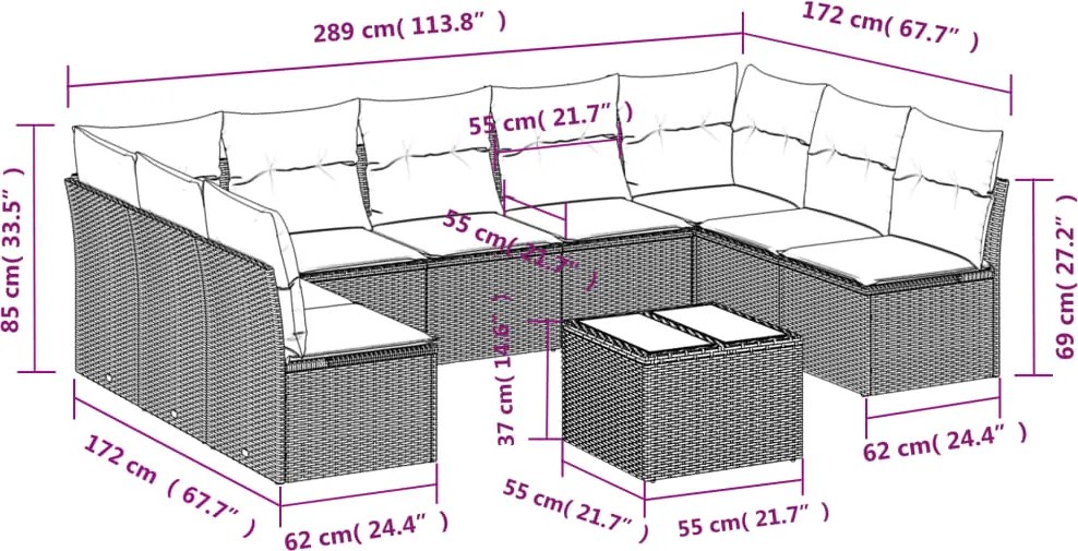 10dílná zahradní sedací souprava s polštáři černá polyratan 3218077