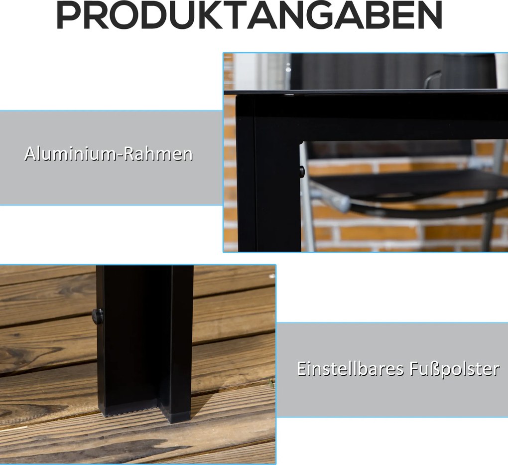 Zahradní stůl Outsunny pro 6 osob, jídelní stůl se skleněnou deskou, 150 x 90 x 74 cm, černý stůl na zahradu a balkon
