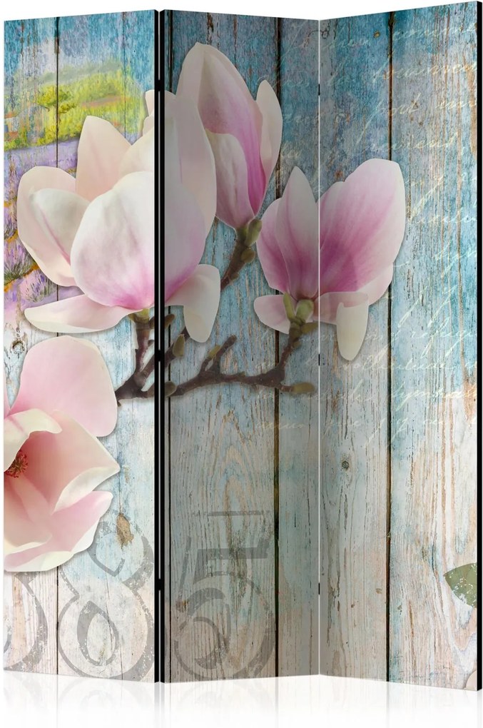 Paraván - Pink Flowers on Wood [Room Dividers] 135x172