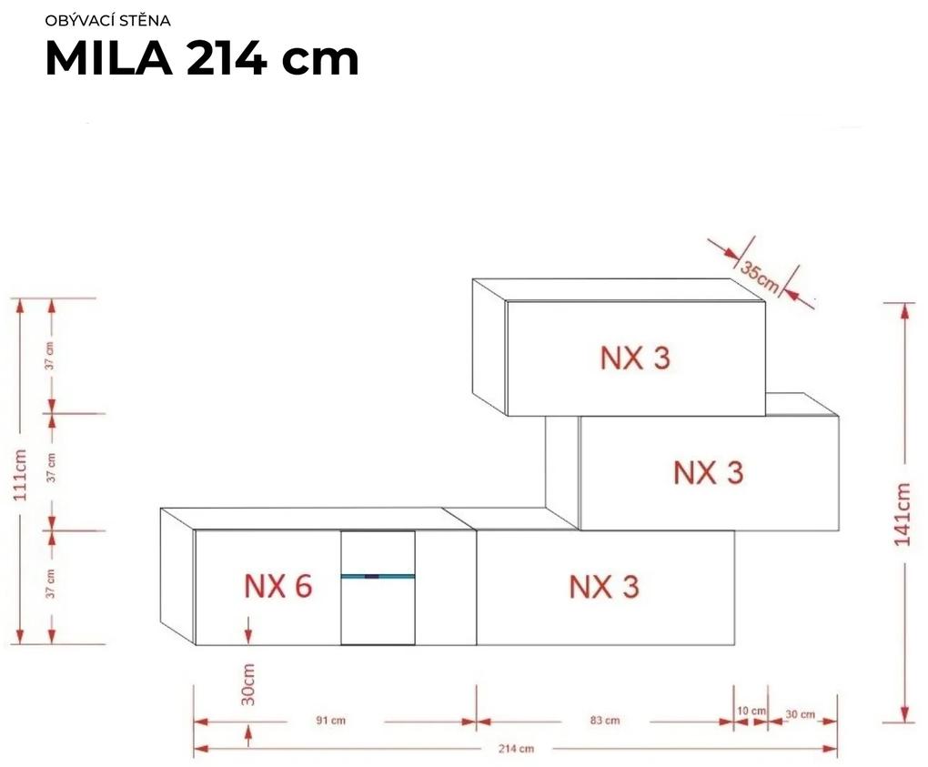 Ral Obývací stěna MILA, 214 cm Černý lesk