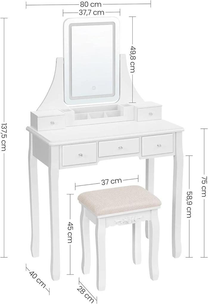 Toaletní stolek s LED osvětlením a taburetem Vasagle Avitas bílý