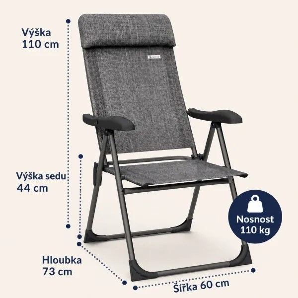 Skládací kempingová židle s vysokým opěradlem - šedá