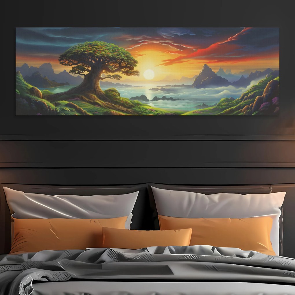 Obraz na plátně - Košatý strom života horské panorama FeelHappy.cz Velikost obrazu (šířka x výška): 240 x 80 cm