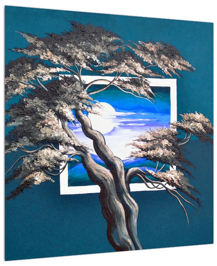 Modrý obraz stromu a východu slunce (50x50 cm)