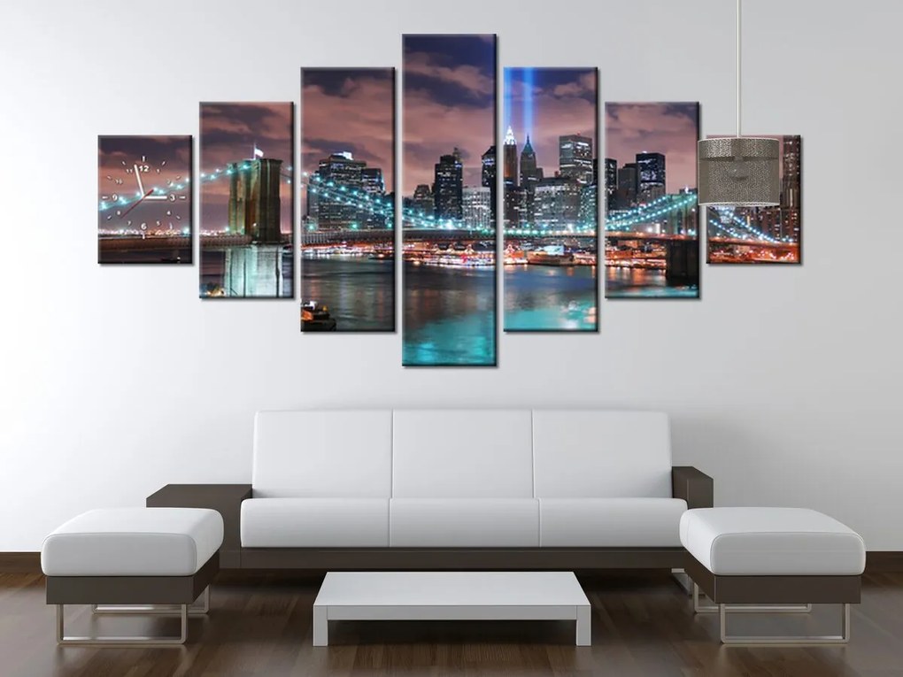 Gario Obraz s hodinami Panorama Manhattanu - 7 dílný Rozměry: 210 x 100 cm