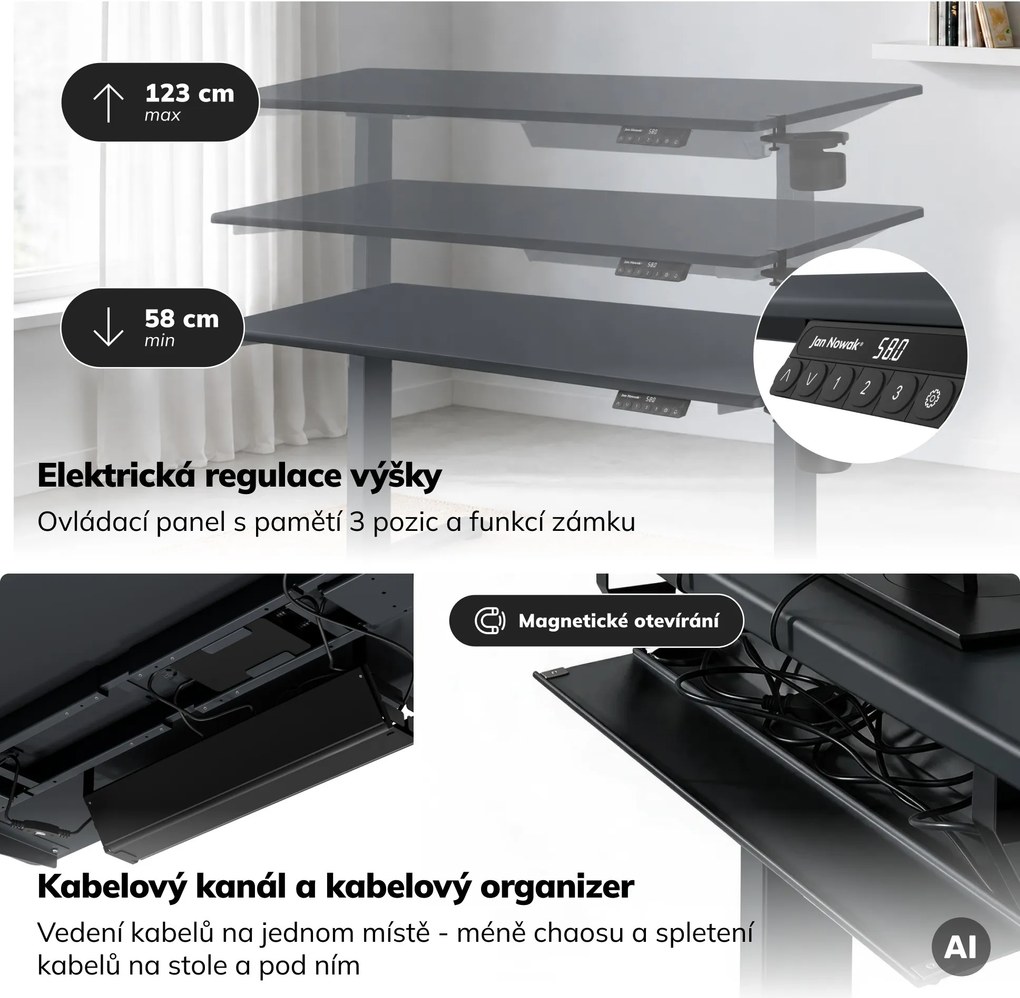 Elektrický stůl s regulací výšky ergonomický antracitový,1400x700 mm: ARIA