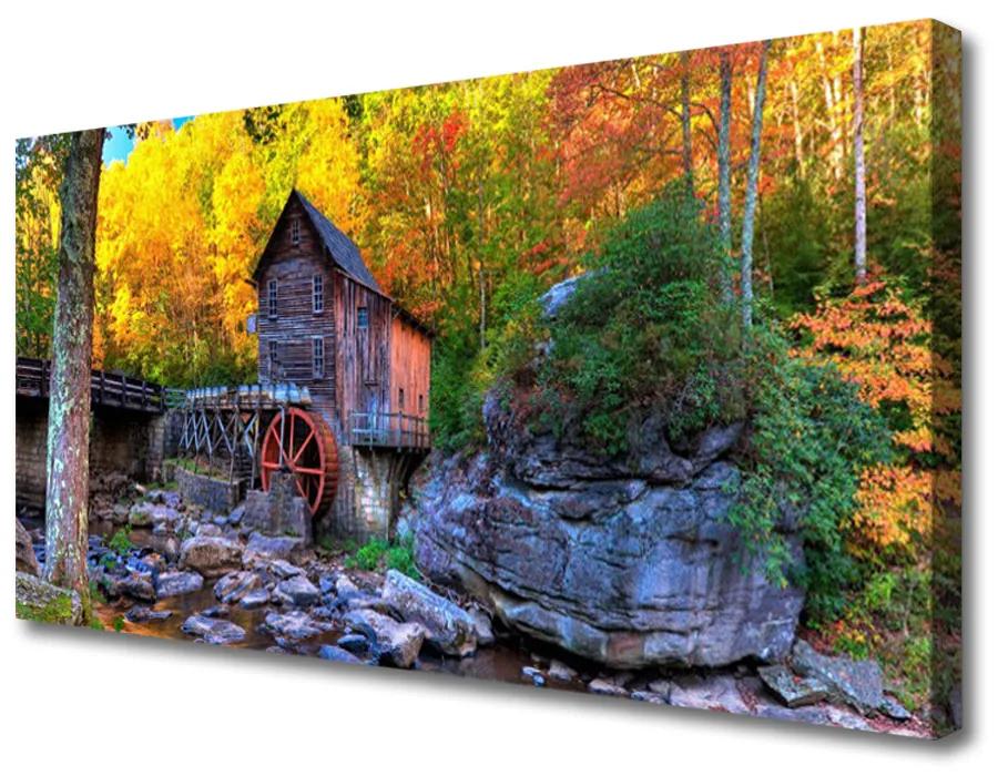 Obraz na plátně Vodní Mlýn Podzimní Les 125x50 cm