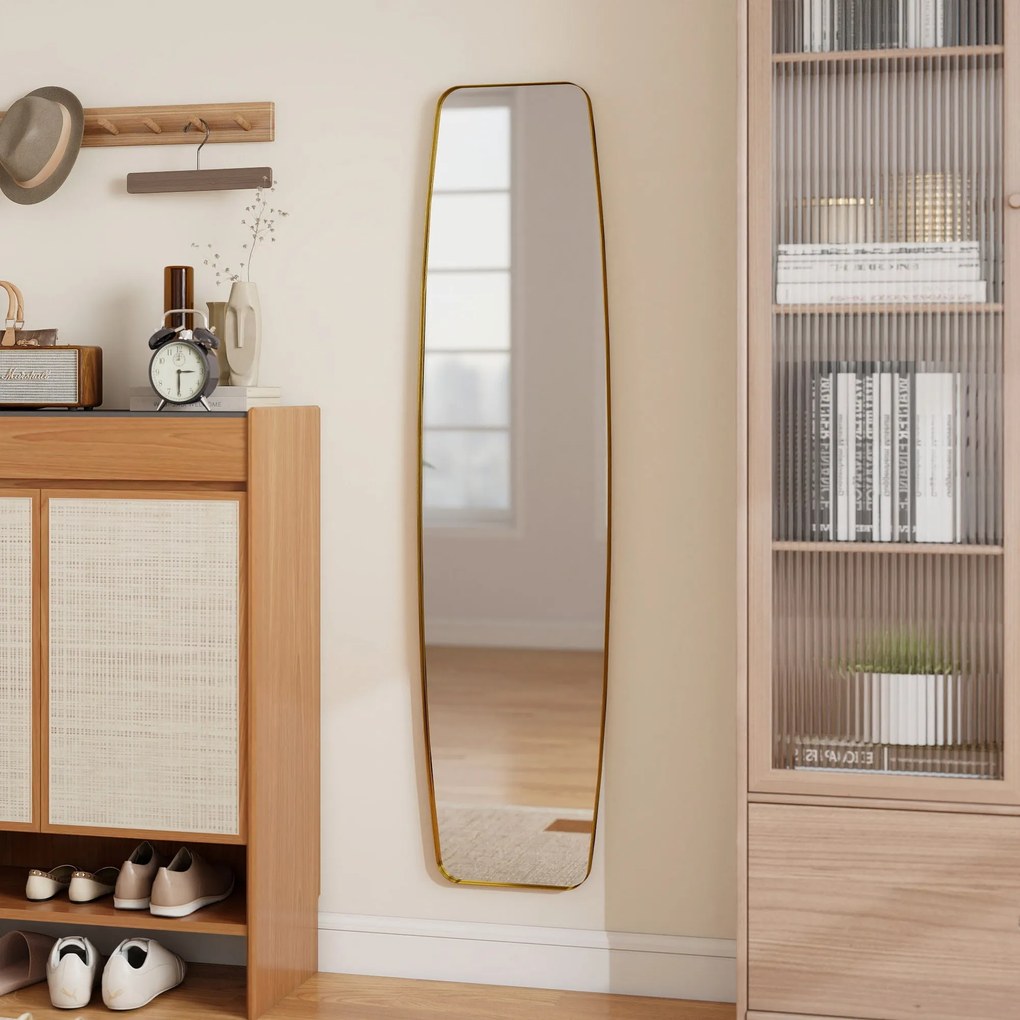 HOMCOM nástěnné celozrcadlo 160 × 40 cm s kovovým rámem — dekorativní zrcadlo do předsíně, ložnice a obývacího pokoje, zlaté | Aosom
