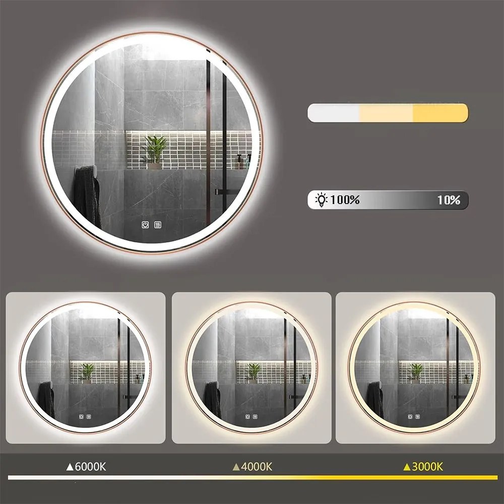 Tutumi Zrcadlo ⌀90 cm s vyhříváním a regulovatelným LED osvětlením HOM-05494, kartáčovaná měď