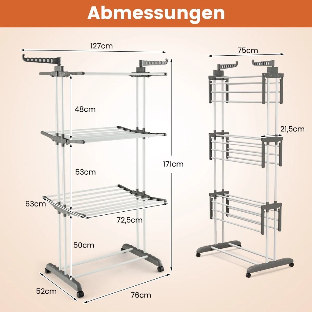 Costway 3patrový skládací stojan na sušení – 127 × 63 × 171 cm, šedá