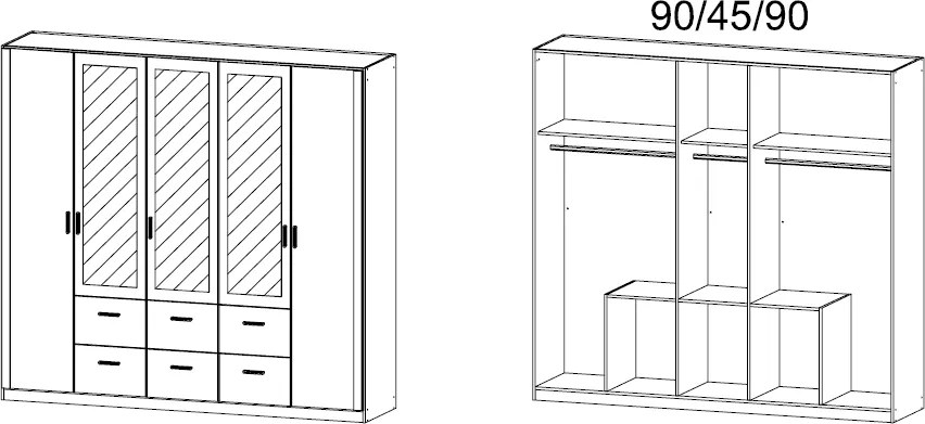 Šatní skříň Kolding, 232 cm, se zásuvkami