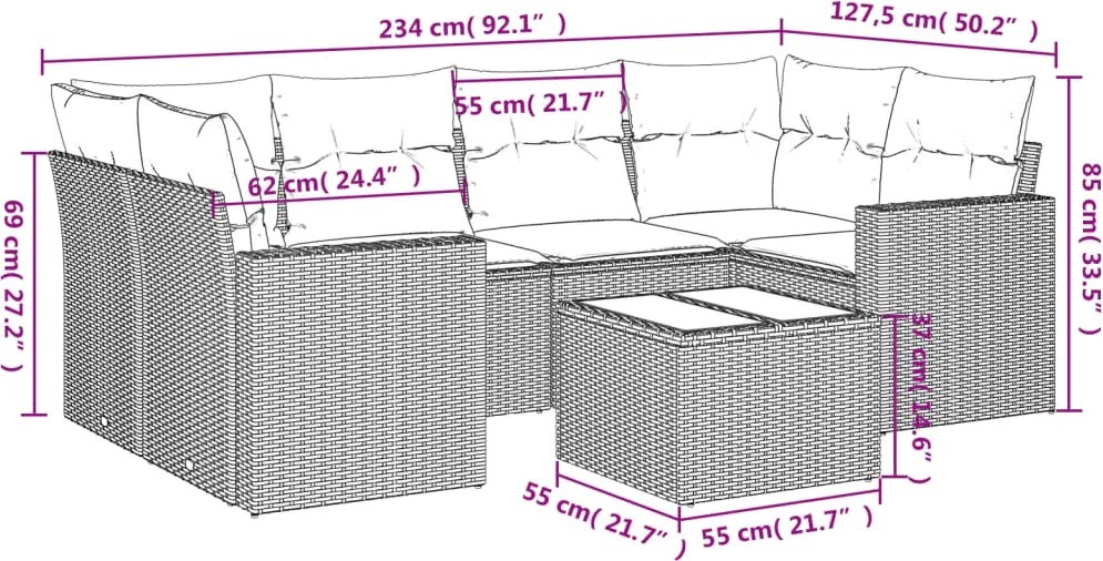 7dílná zahradní sedací souprava s poduškami černá polyratan 3251053