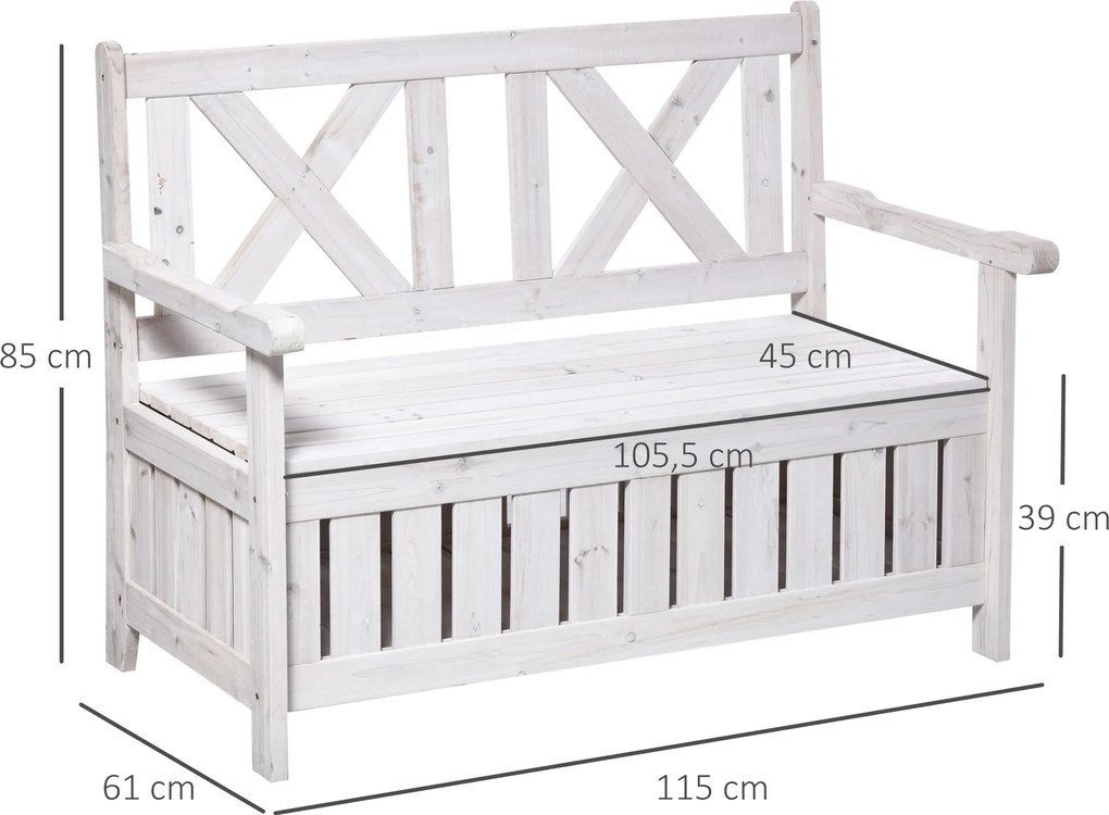 Zahradní lavice Outsunny pro 2 osoby s úložným prostorem z jedlového dřeva 115 x 61 x 85 cm, vysoké opěradlo a područky, odolná proti povětrnostním v…