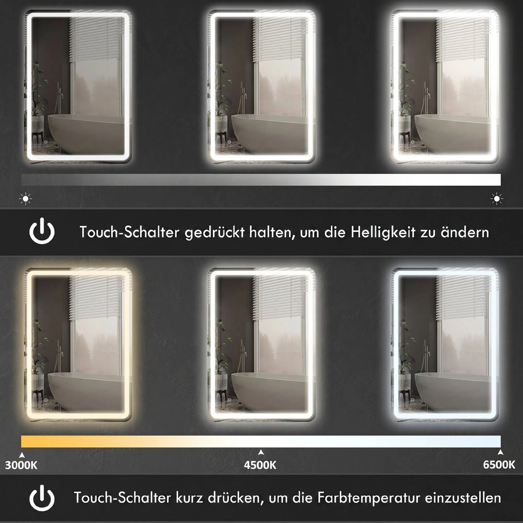 HOMCOM koupelnové zrcadlo, osvětlené, dotykové ovládání, proti zamlžení, stmívatelné, 3 barvy světla, 70 x 100, stříbrná