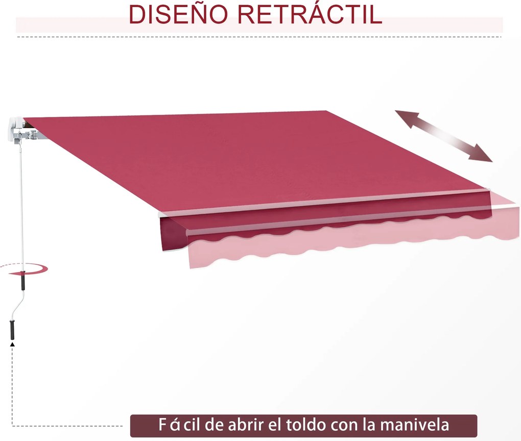 Manuální Retrakční Slunečník Outsunny 395x245 cm s Voděodolnou a UV-ochrannou Kovovou Kličkou pro Zahradní Terasy a Okna