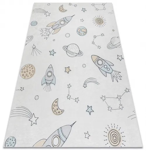Dětský kusový koberec vhodný k praní BAMBINO 1278 Vesmír raketa hvězdy protiskluzový krémový Rozměr: 80x150 cm