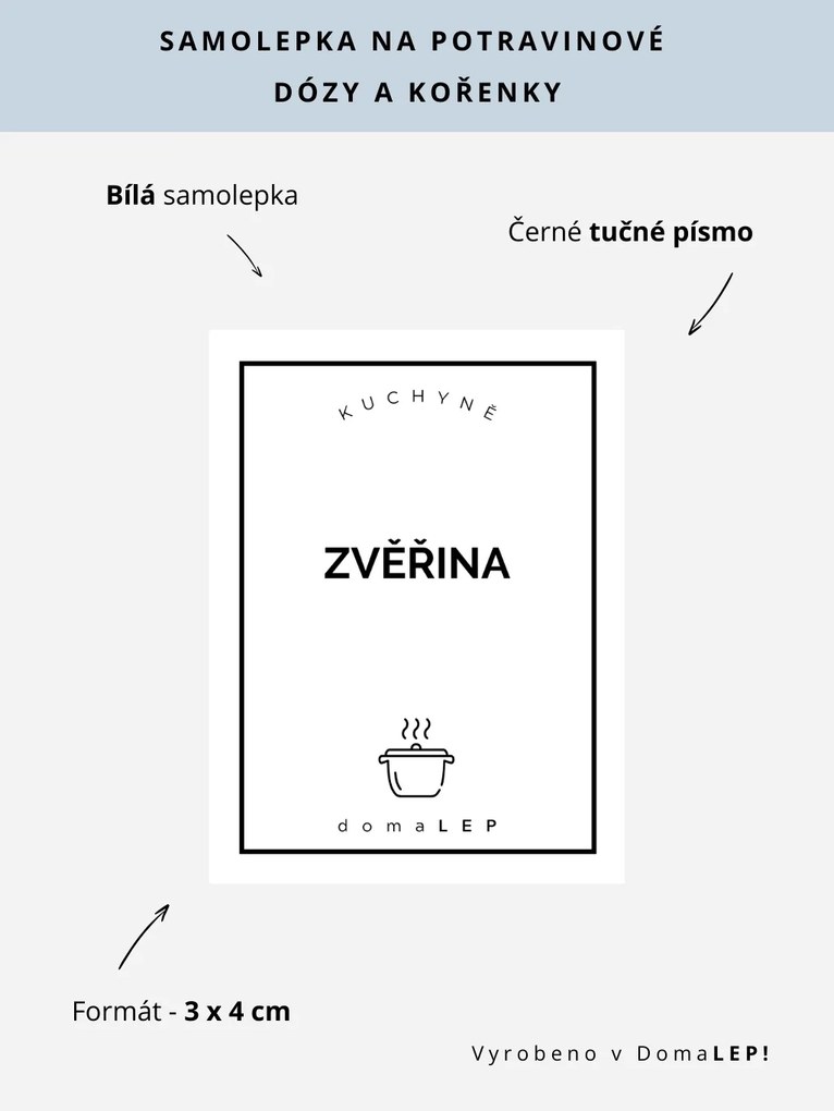 Samolepka na kořenky ZVĚŘINA bílá 3 × 4 cm tučné písmo