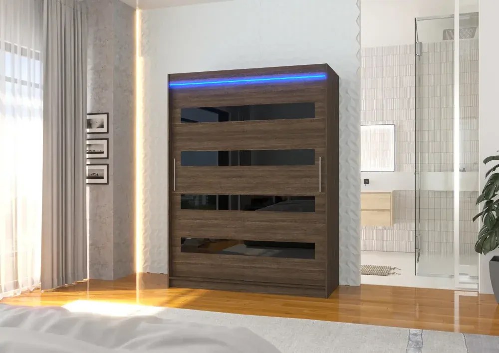 Posuvná skříň s lacobelem a LED osvětlením MARTINEZ 150 choco (150 x 200) cm – 6 polic pro přehledné uložení