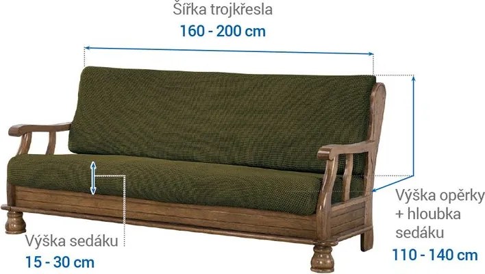 Super strečové potahy NIAGARA zelená trojkřeslo s dřevěnými rukojeťmi (š. 160 - 200 cm)