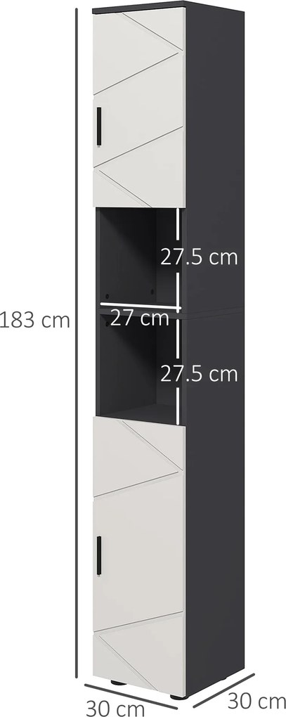 kleankin Sloupec na koupelnu s 2 otevřenými policemi a 2 nastavitelné skříňky na 2 úrovních, 30x30x183 cm, světle šedá a tmavě šedá