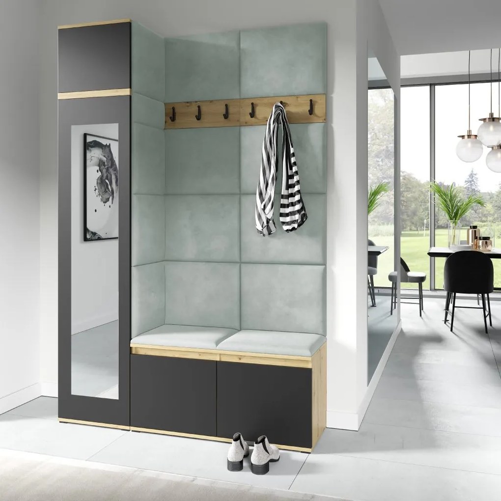 Eka Předsíňová stěna s čalouněnými panely Trinity 22 - Dub Artisan s černou / Světlá zelená 2321