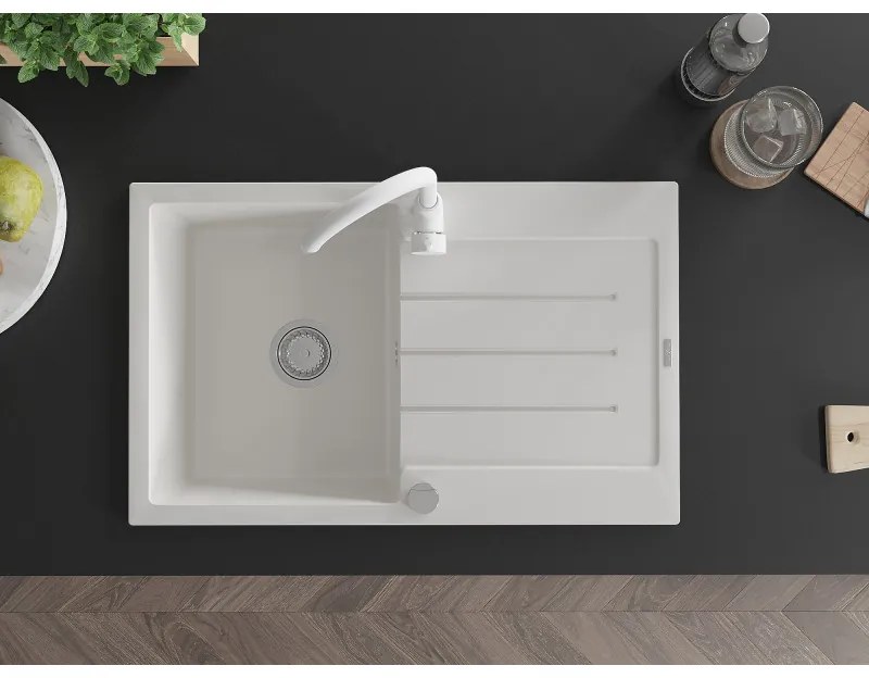 Mexen Bruno, 1-komorový granitový dřez s odkapávačem 80x50 cm a kuchyňskou baterií Telma, bílá, 6513-20-670200-20