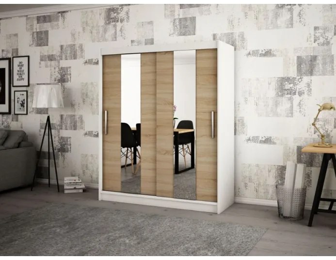Elegantní šatní skříň se zrcadly na posuvných dveřích Alice 200 v barvě bílá - dub sonoma