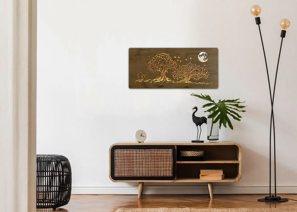 Li-Go "Tři duby a měsíc" světelný obraz s baterií 90x40cm varianta: ovládání na obraze včetně dálkového ovladače, provedení: bříza