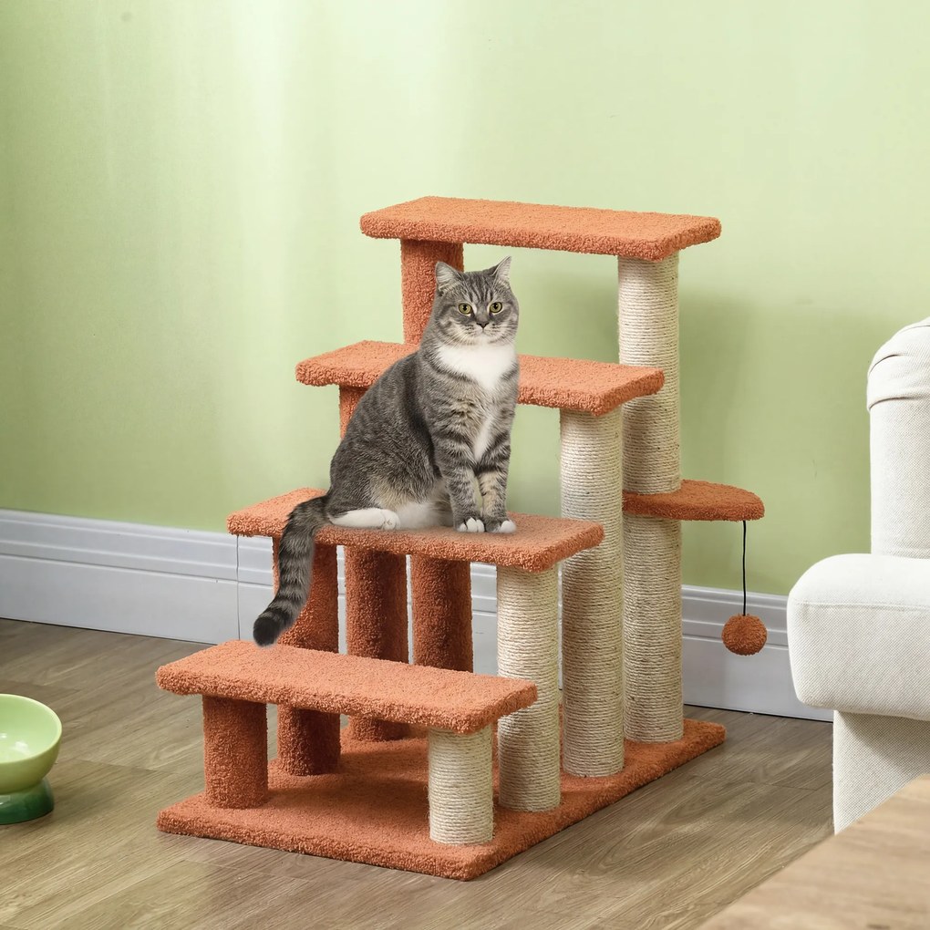 PawHut 4stupňové schody pro kočky se škrabadlem pro domácí mazlíčky do 5 kg, schody pro psy s míčkem na hraní, plyš, hnědá, 60 x 40 x 64 cm