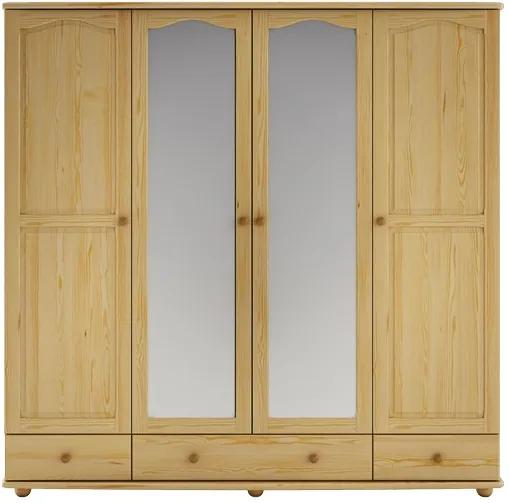 Čtyřdveřová šatní skříň Alcara se zrcadlem, masiv borovice, 200x210x57 cm