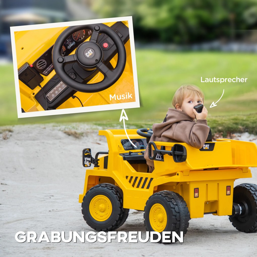 AIYAPLAY dětský elektrický bagr, nosnost 30 kg, s dálkovým ovládáním, lžící, lopatou, reproduktorem, světlometem, pro 3-7 let, žlutý