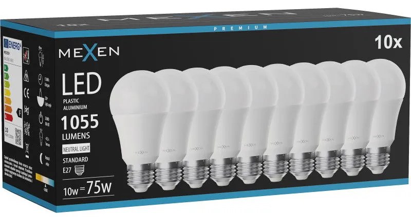 Mexen Nova 10x Žárovka LED E27, A60, 10W, Neutrální - 4000K, 1055 lm - L100-E27-1040-01x10