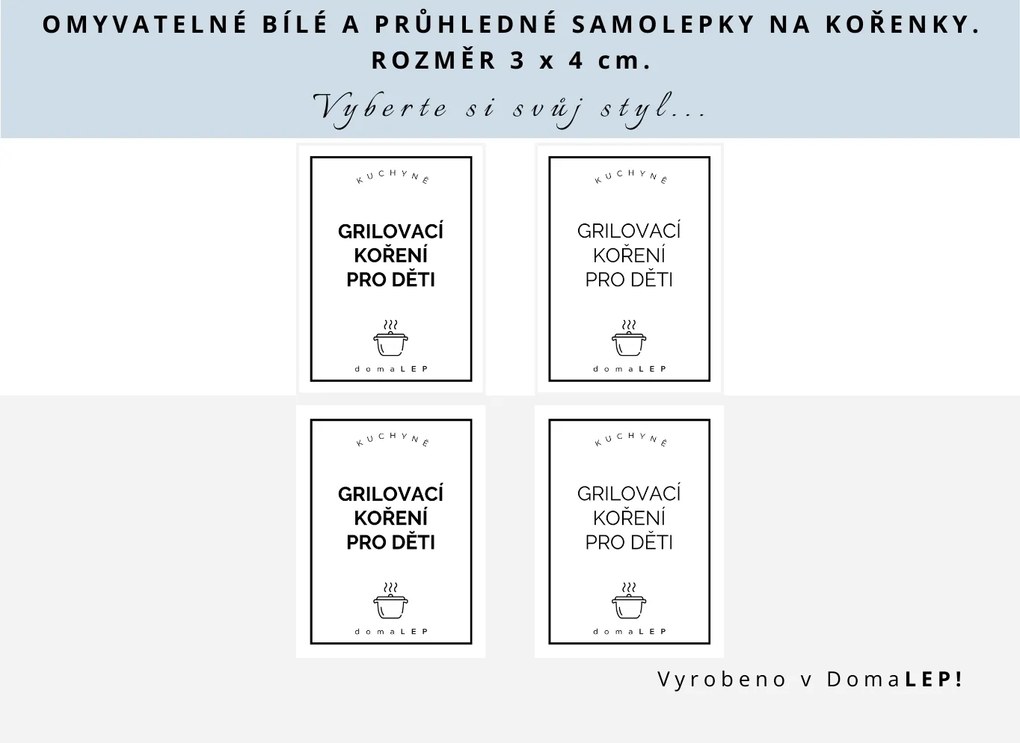 GRILOVACÍ KOŘENÍ PRO DĚTI - Samolepka na kořenky 3 x 4 cm - DomaLEP varianta: BÍLÁ - tučné písmo