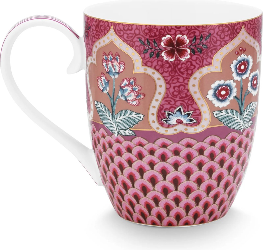 Pip Studio Flower Festival hrnek XL 440ml, tmavě růžový (Velký hnek Flower Festival)