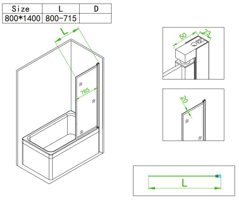 BPS-koupelny Jednodílná vanová zástěna HYD-PR03 80x140 černá/transparent
