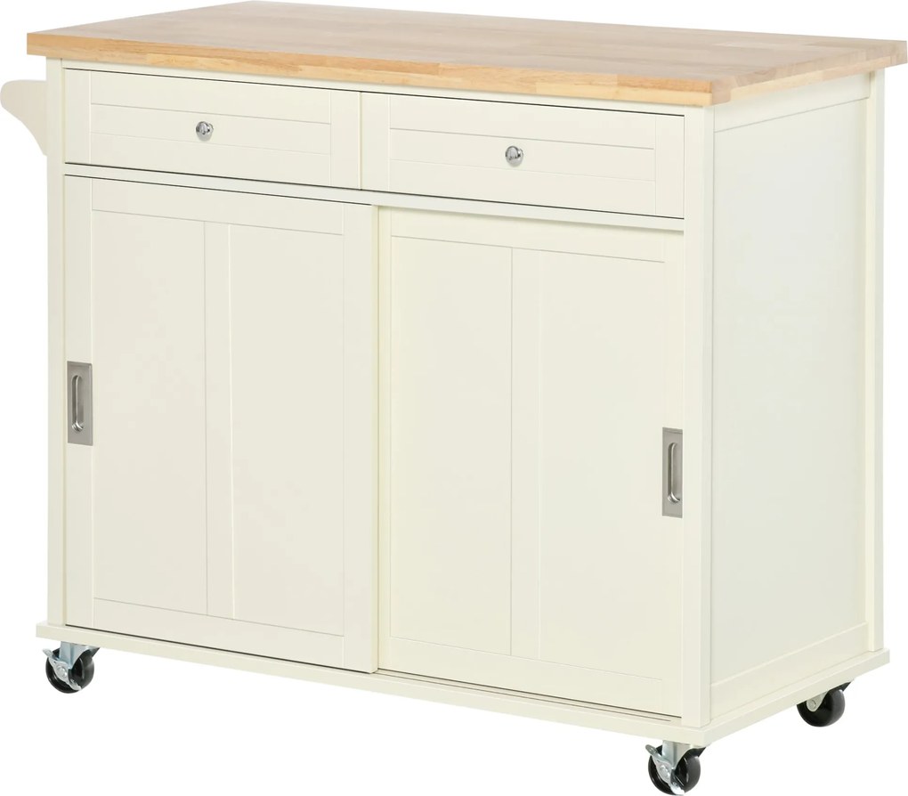 HOMCOM Multifunkční kuchyňský vozík se skládacími koly, 2 posuvné dveře, 2 zásuvky a závěsná tyč, 110x49,5x89,5 cm, krémová | Aosom