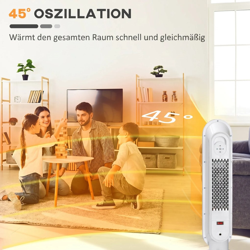 HOMCOM Topný ventilátor 2000W, PTC keramické elektrické topení s dálkovým ovládáním, oscilace, 12h časovač