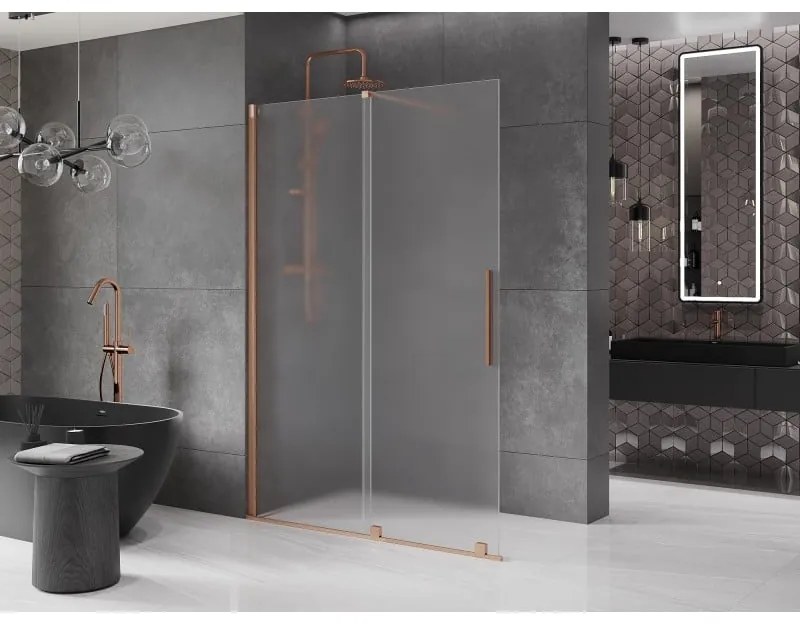 Mexen Velar, sprchová zástěna s posuvnými dveřmi Walk-in 130 x 200 cm, 8mm sklo námraza, měděná matná, 871-130-000-33-65