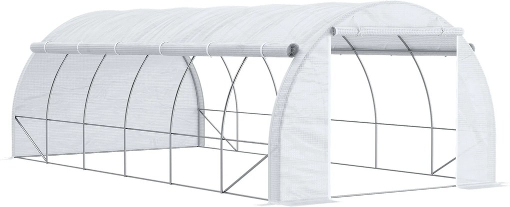 Zahradní skleník Outsunny 6x3x2 m Tunnellový skleník s dveřmi a 12 rolovacími okny pro terasu Bílý