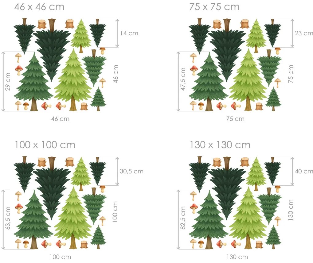 Sada jehličnatých stromů textilní přelepitelné samolepky na zeď arch 75 x 75 cm