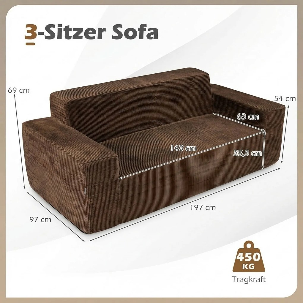 Costway Manšestrová 3-pohovka loveseat s vysokým opěradlem, širokými područkami