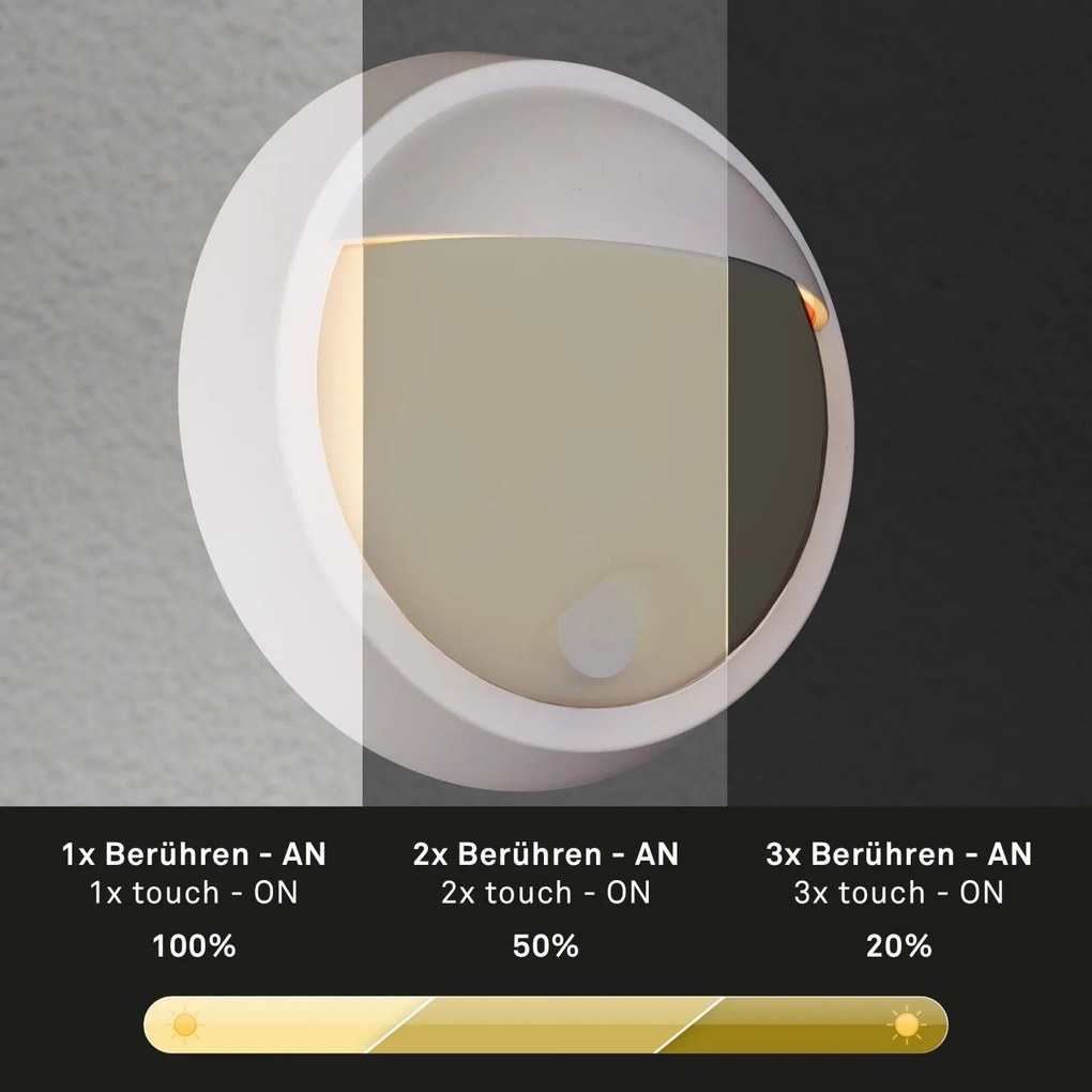 BRI 3784016 Puni LED venkovní nástěnné svítidlo, nabíjecí, 3 krokový dotykový stmívač, časovač, bílé - BRILONER