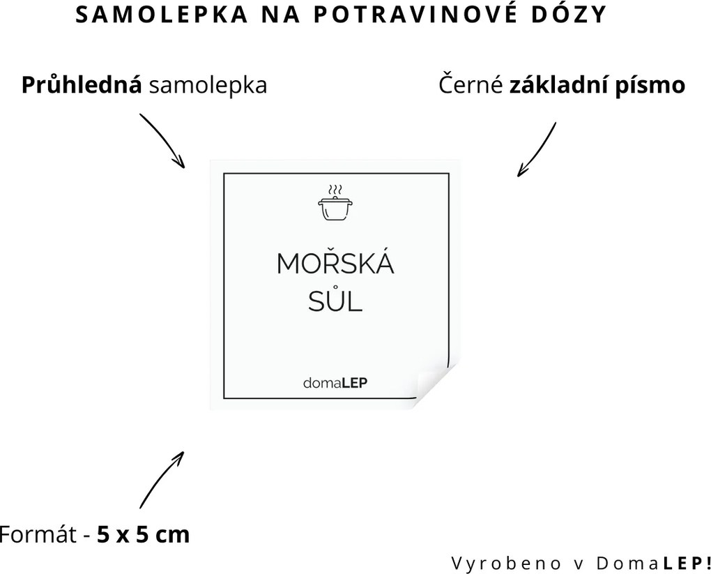 MOŘSKÁ SŮL - omyvatelná samolepka na dózu, výběr rozměrů Ø 5 cm / 5 x 5 cm / 6 x 8 cm | DomaLEP tvar: OBDÉLNÍK, barva: PRŮHLEDNÁ - ČERNÉ písmo, velikost: š. 6 cm x v. 8 cm - tučné písmo