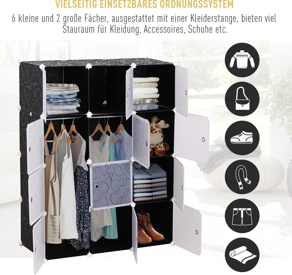HOMCOM DIY Systém Šatníku se 2 Velkými a 9 Malými K cubes, Úložný prostor, Botník, Knihovna, Hračkový K cabinet Černá 111 x 47 x 145 cm