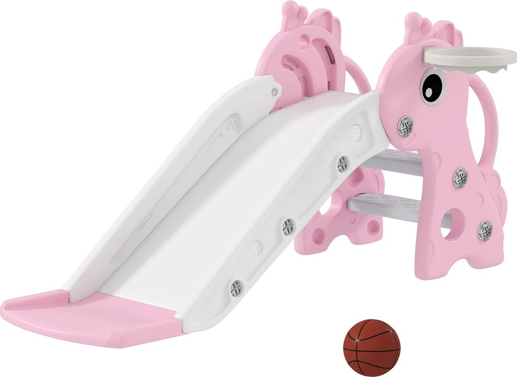 dětská skluzavka 3 v 1, tvar žirafy, basketbalový koš, míč, růžová barva