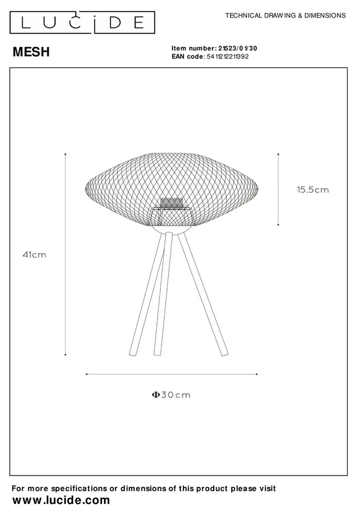 Lucide 21523/01/30 stolní lampa Mesh černá, E27, 41cm