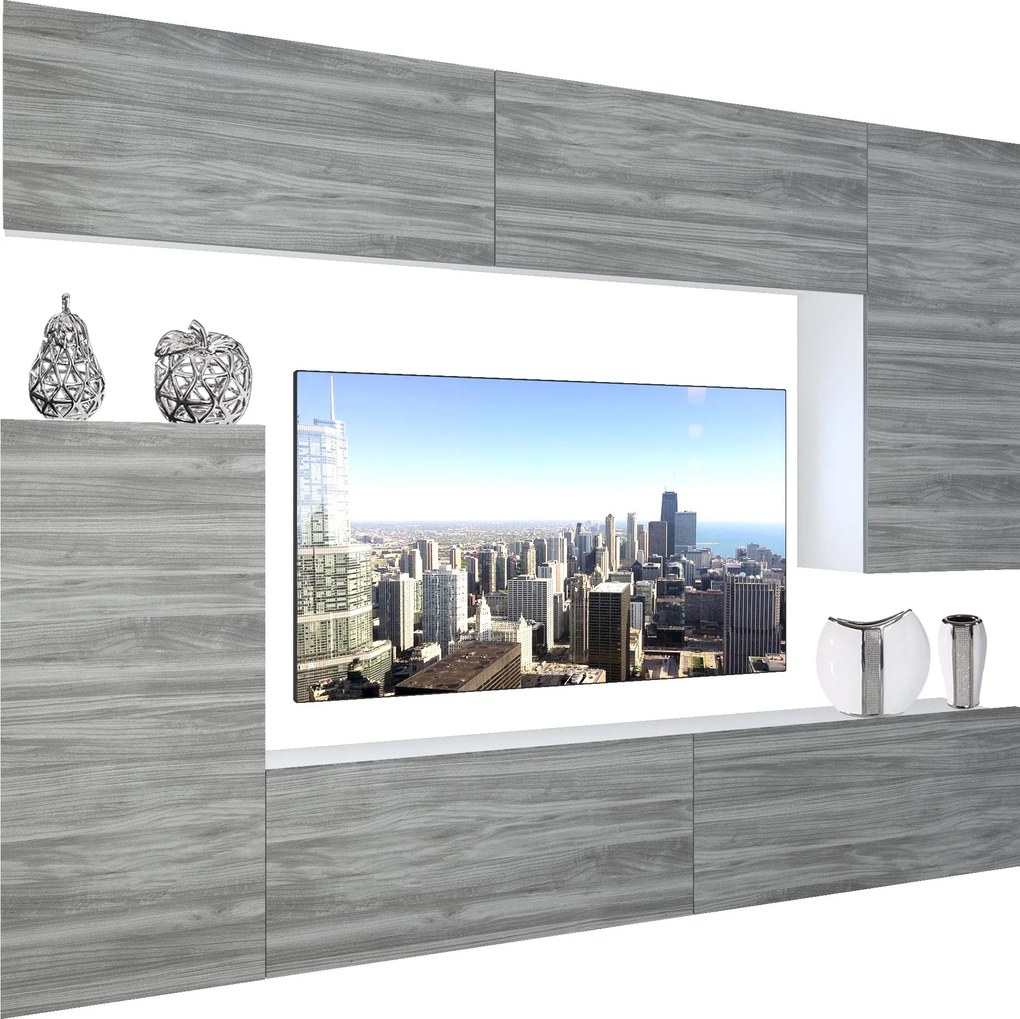 Obývací stěna Belini Premium Full Version  šedý antracit Glamour Wood + LED osvětlení Nexum 128  128 NEX 8/0/W/GW1/0/0/PP