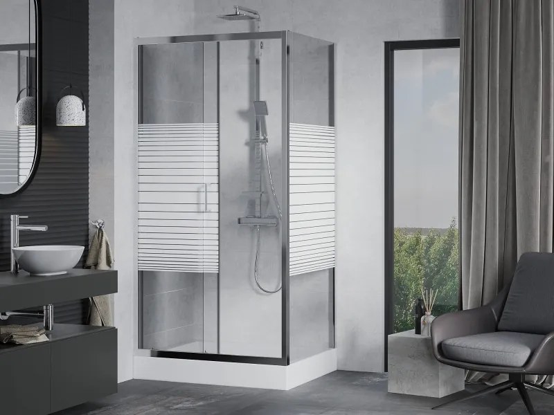 Mexen Apia sprchový kout posuvný 100 x 80 cm, bílé pruhy, chrom + sprchová vanička Rio - 840-100-080-01-20-4510